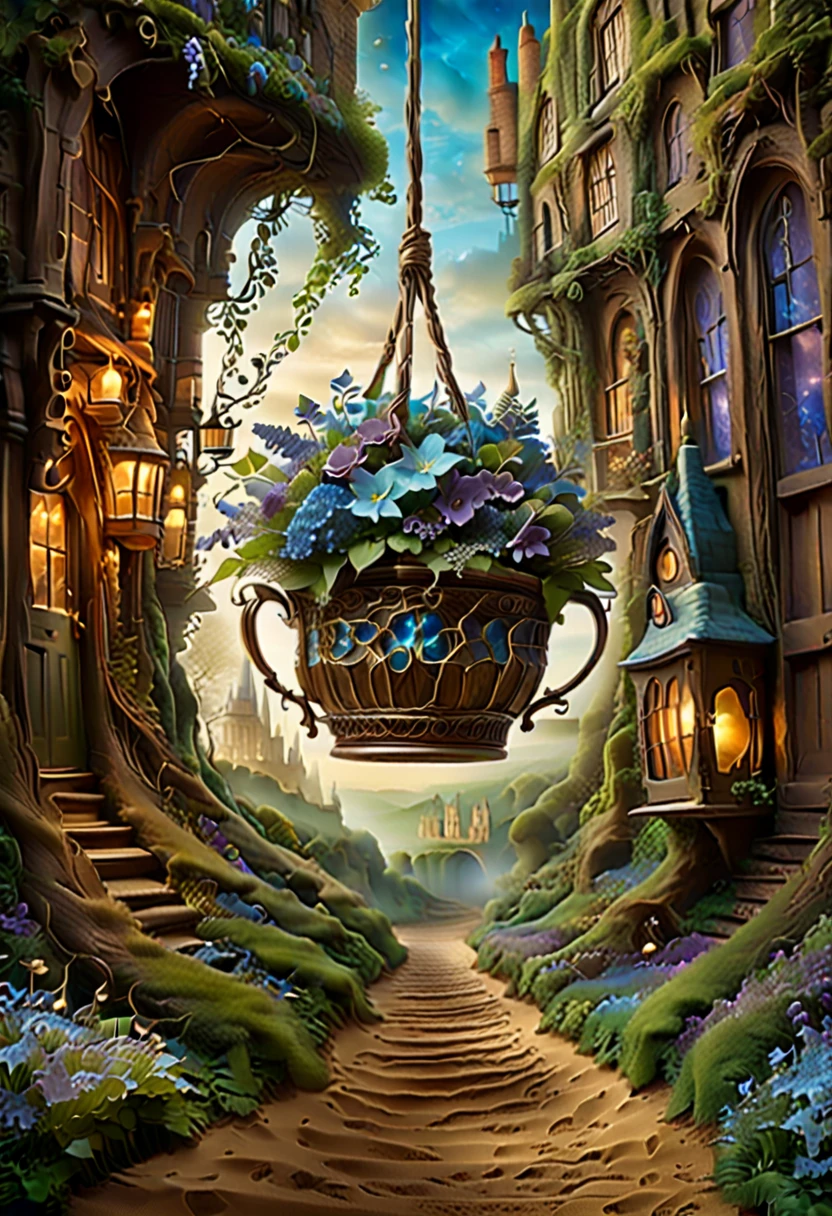 whimsical and dreamy vertical scene featuring a hanging wicker basket ...