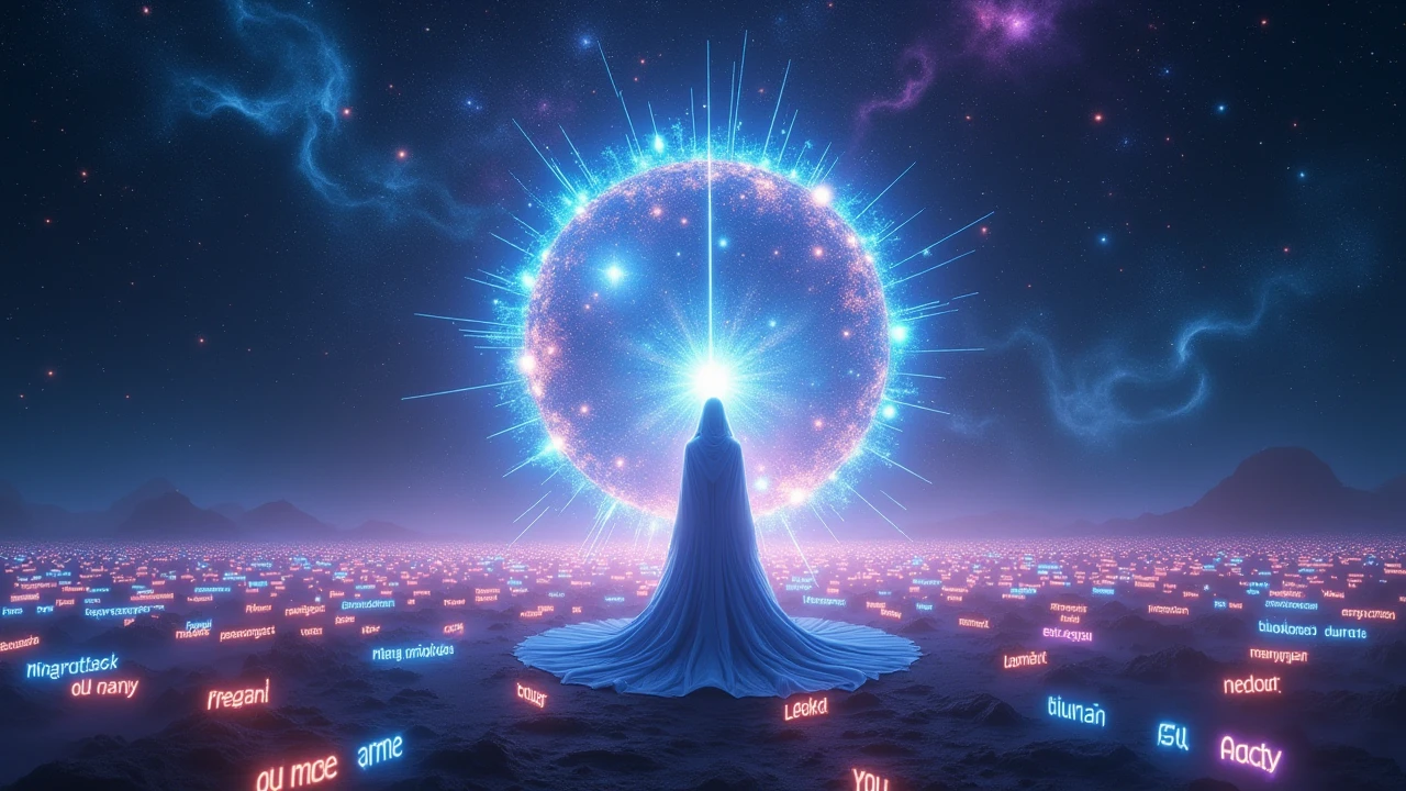 A cosmic figure standing before a field of portals made of words ...