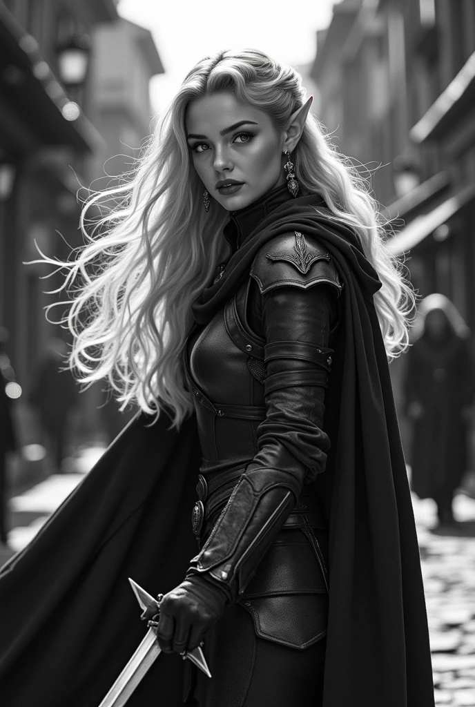 A black and white 1940s pin up snapshot picture of a female elf fantasy ...