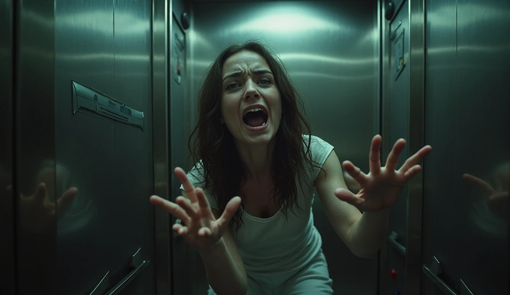 Young woman making fluid, bizarre hand movements, frightened expression ...