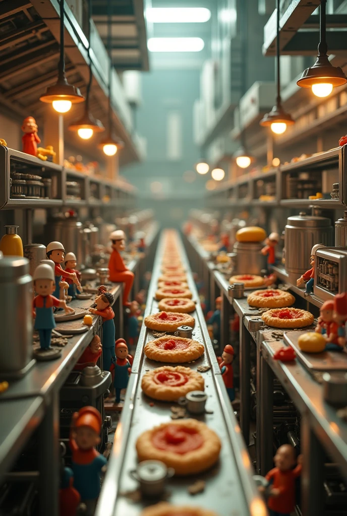 Create a video of mini people cooking as if they were factory workers ...