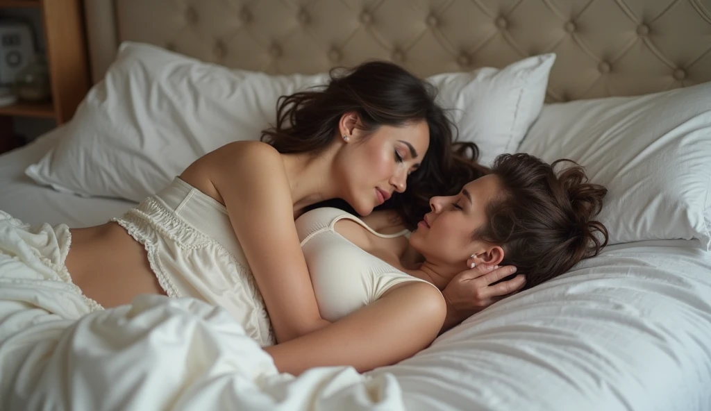 A pregnant woman laying on a bed with her baby, cuddling, hug - SeaArt AI