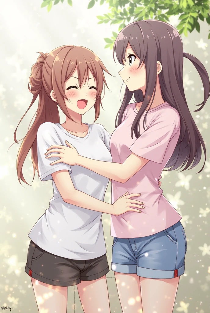 A playful scene where one girl lifts another girl's arm, gently ...