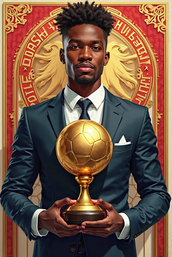 Create an image of Victor Oshimen with a Ballon d'Or in a suit on a FUT ...