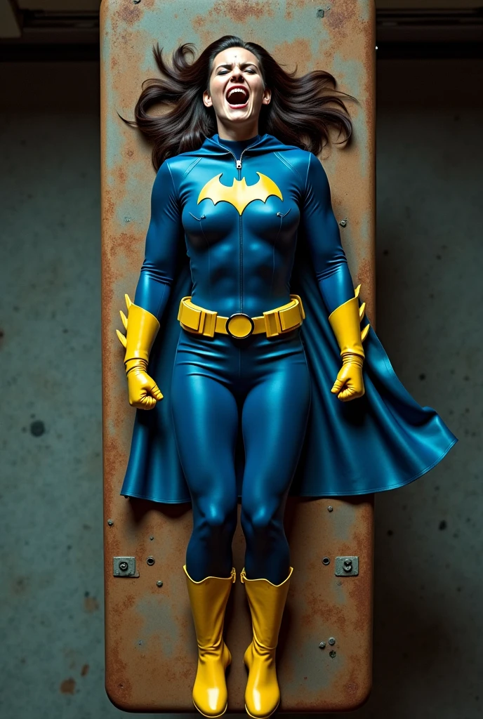 Realistic aerial photo of Batgirl (early 30's), lying flat on her back on a rust - SeaArt AI