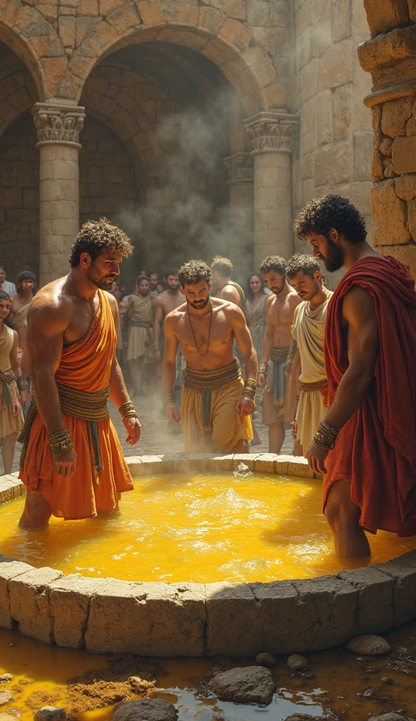 “Ancient Romans stepping on clothes inside a large stone basin filled ...