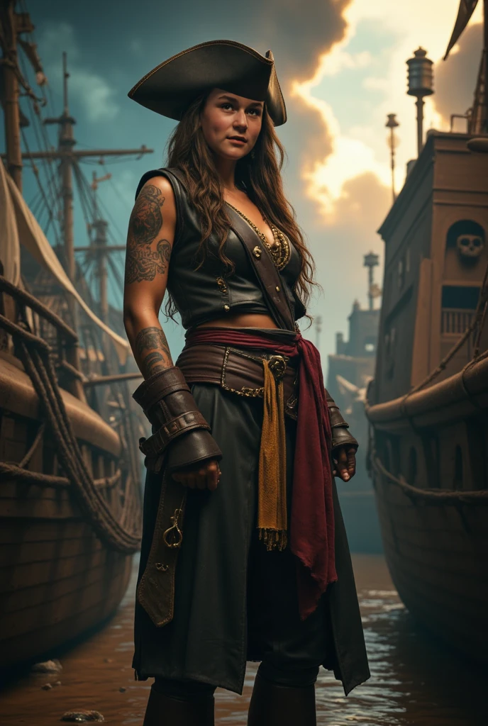 Full body view A commanding Native Caribbean pirate captain stands tall ...