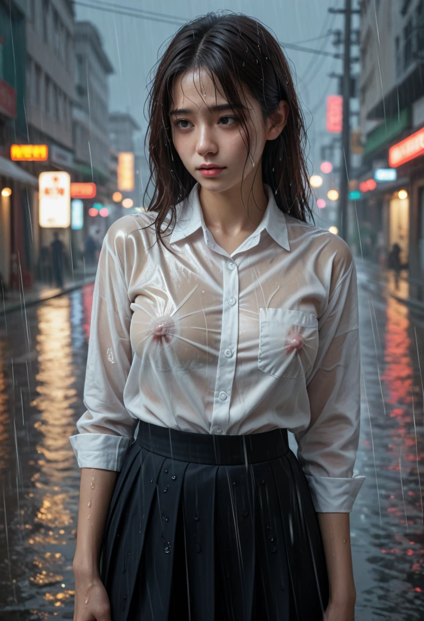 NSFW, 1 Japanese girl,cute, standing in the rain,see through nipples - SeaArt AI