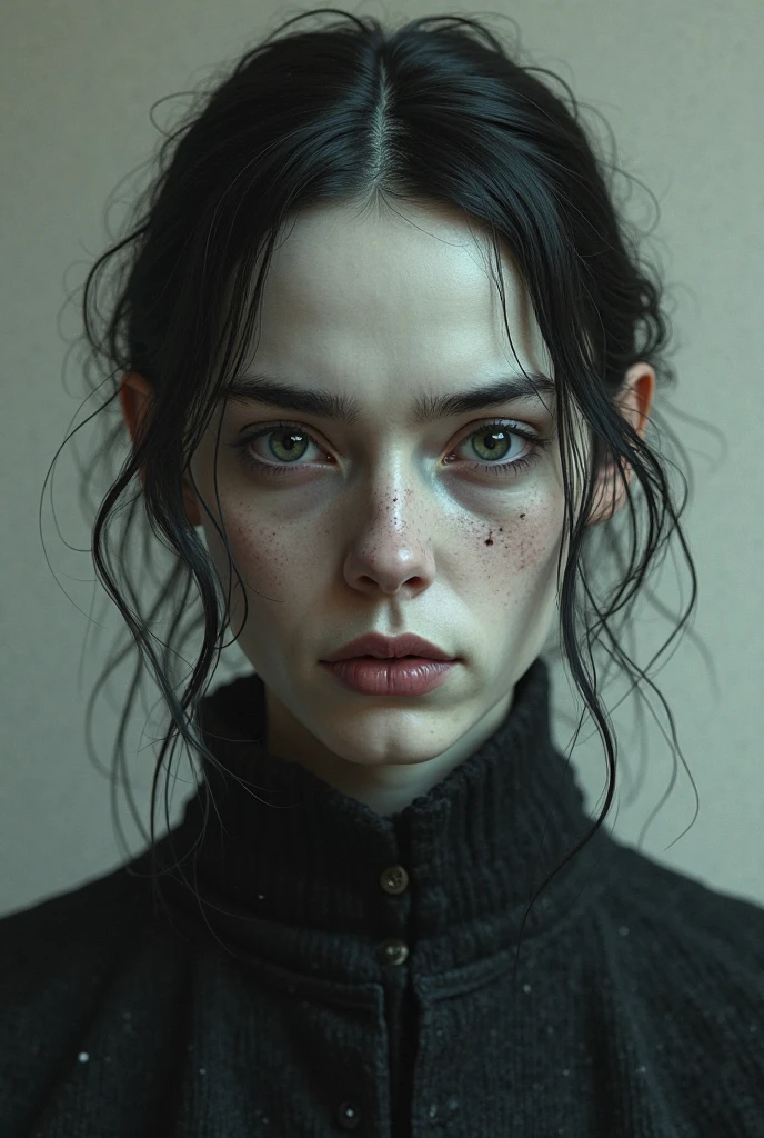 A man with thin black hair, a pale face, thin lips, eyes with small ...