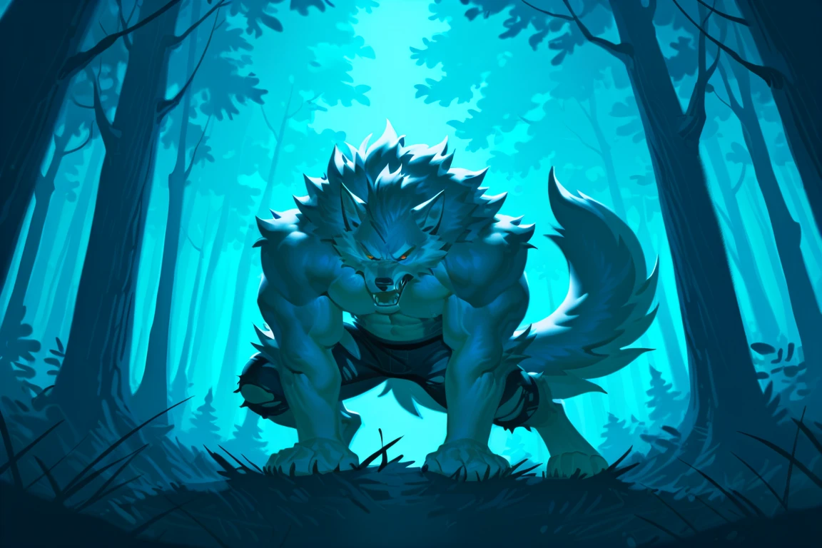 Furry, solo, , muscular male, , male white werewolf, comic book style ...