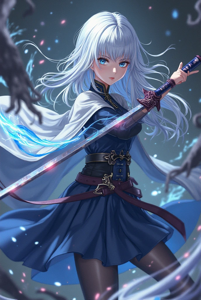 A girl with long snow-white hair, with blue eyes , in dark blue demon ...
