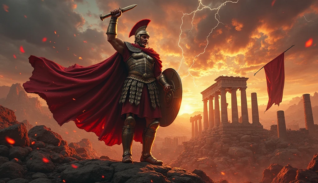 Create a dramatic and intense cover image depicting a Roman legionnaire ...