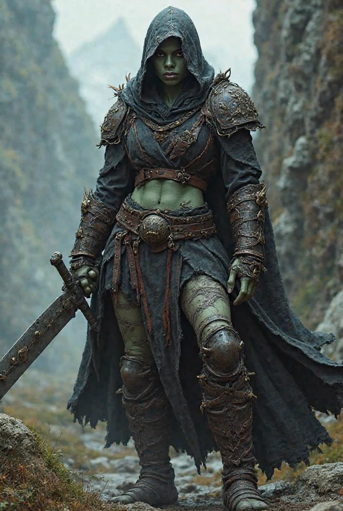 Female troll, Black hooded cloak, Leather Armor, wide sword - SeaArt AI