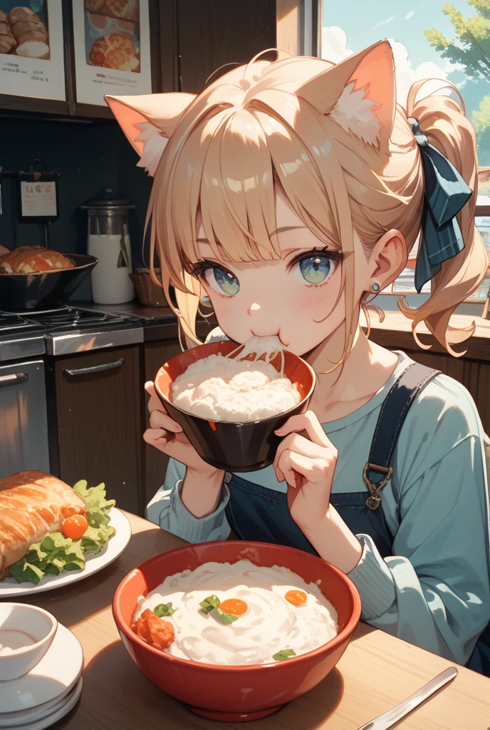 Cat eating rice - SeaArt AI