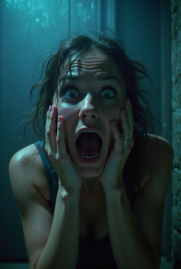 A terrified woman screaming in panic, wide eyes filled with fear ...