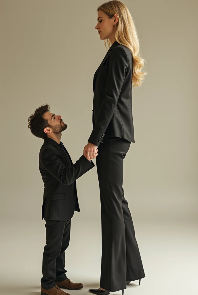 A tall blonde woman, 6 feet tall standing next to a short man - SeaArt AI
