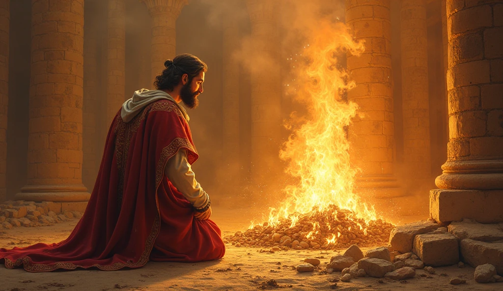 Solomon kneeling in Gibeon offering sacrifices, with fire on the altar - SeaArt AI