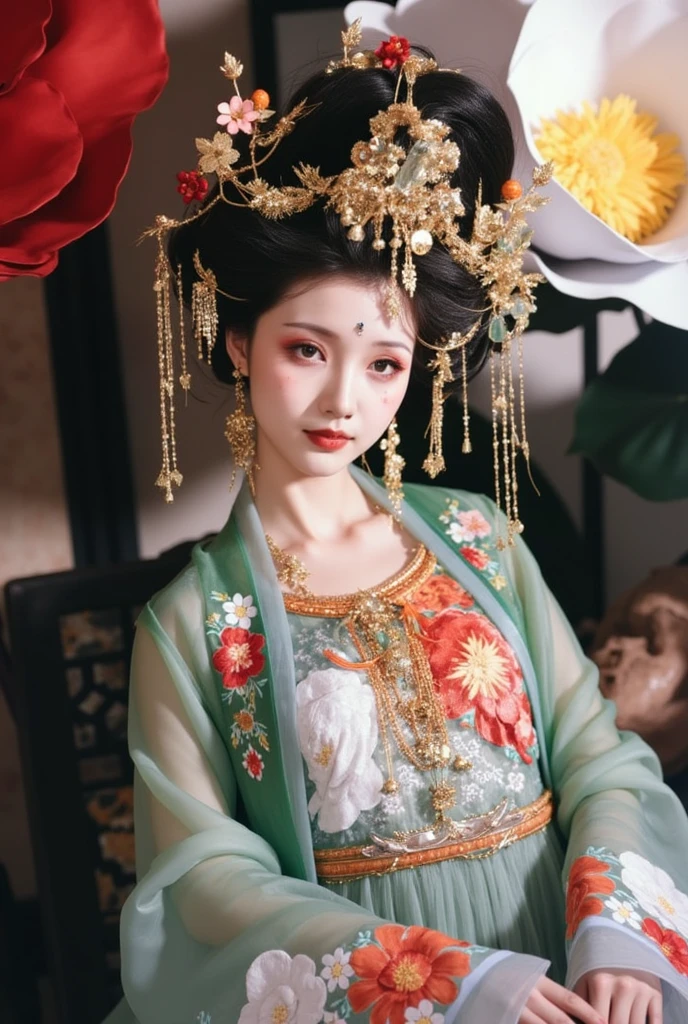 The image shows a woman dressed in stunning traditional Chinese attire ...