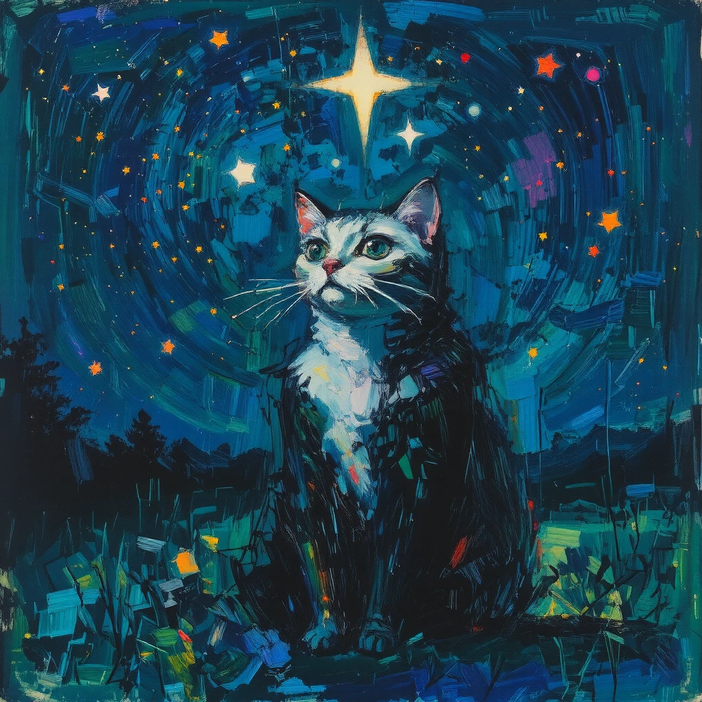 Painting of a cat looking at the stars in the sky, watching the stars ...