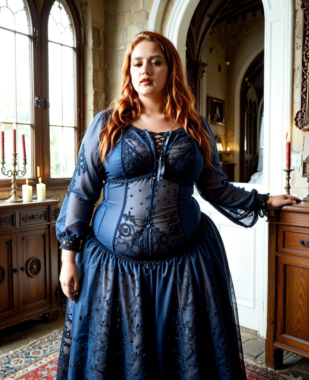 Chubby ginger sits on a pouf in a translucent blue dress in a gothic ...
