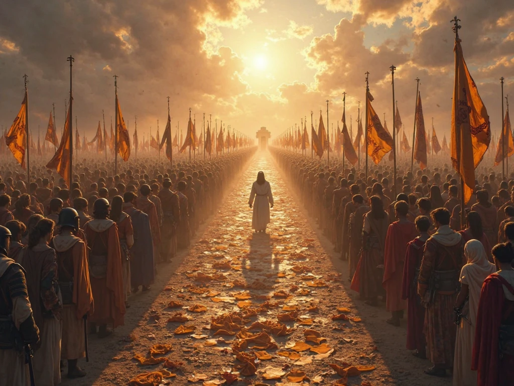 Two paths: one with armies, weapons and flags; another with people ...