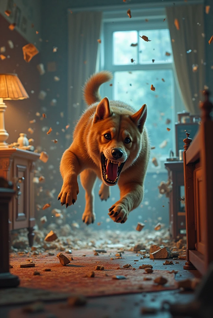 “The dog leaps at the thief, clashing in a fierce struggle. The room is ...