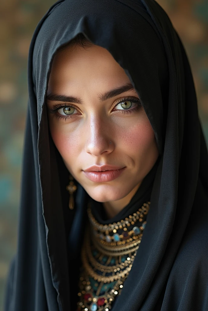 A close up of a woman wearing a veil and a necklace, middle eastern ...