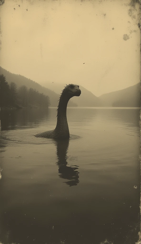 A dark, blurry and grainy old sepia photograph of the loch ness monster ...