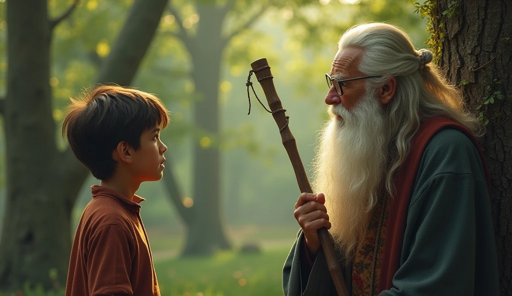 An old wise man with a long white beard and wooden staff, standing near ...