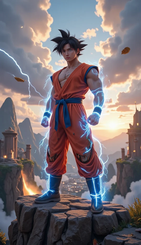 A hyper-realistic goku, glowing electric blue aura surrounding his body ...