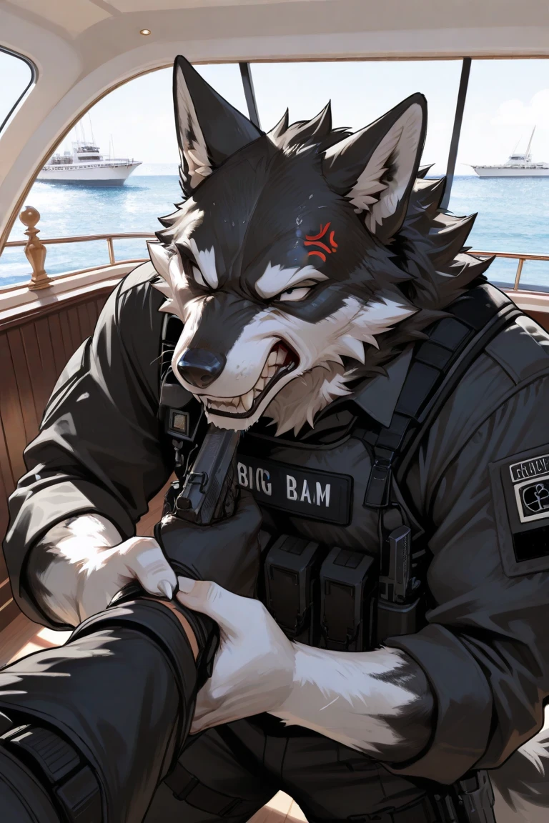 Furry wolf male character,anger face,growling,black and white fur ...