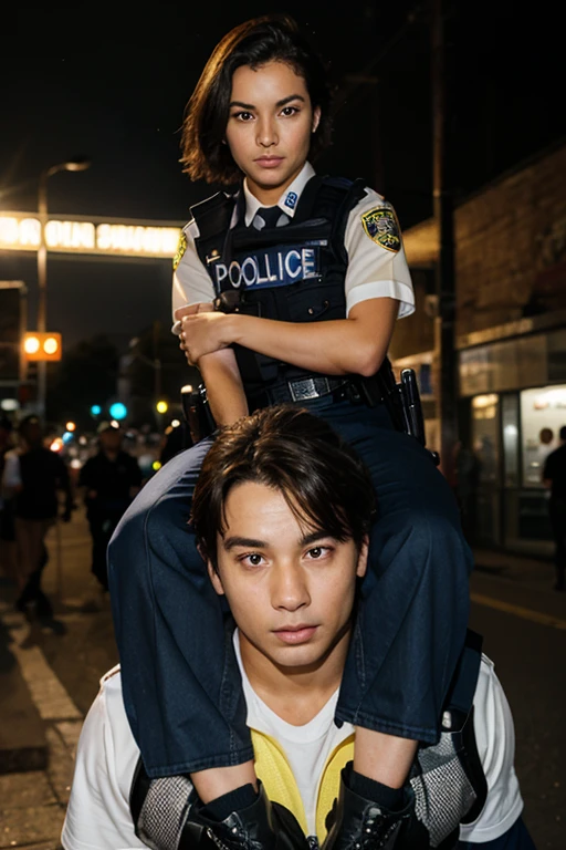 Girl carry police man on shoulders - SeaArt AI