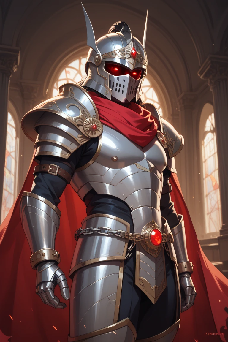 A fully metallic ghostly armor without a mouth with holes in the helmet ...