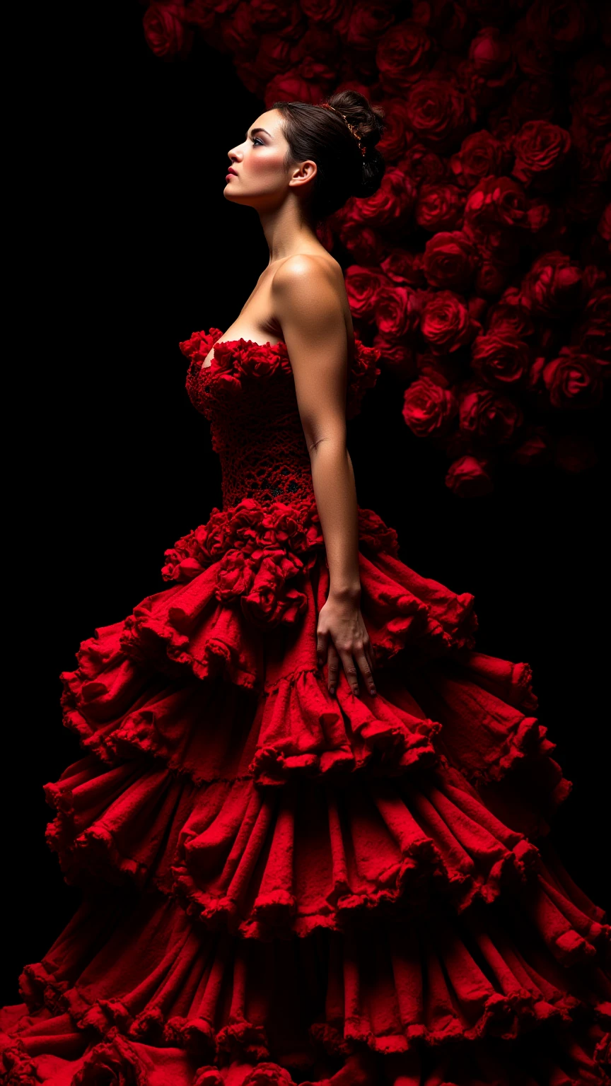 A fierce flamenco dancer stands enrobed in a living gown of blood ...
