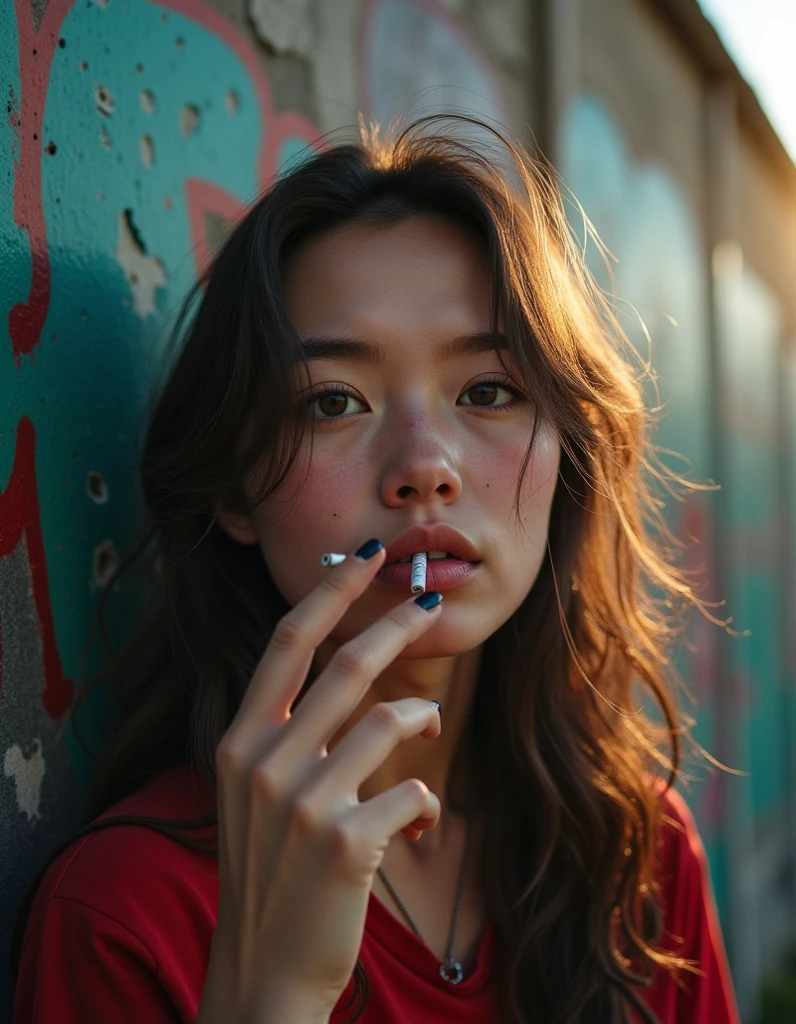 Close up of a young woman smoking cigarettes on a bright morning ...