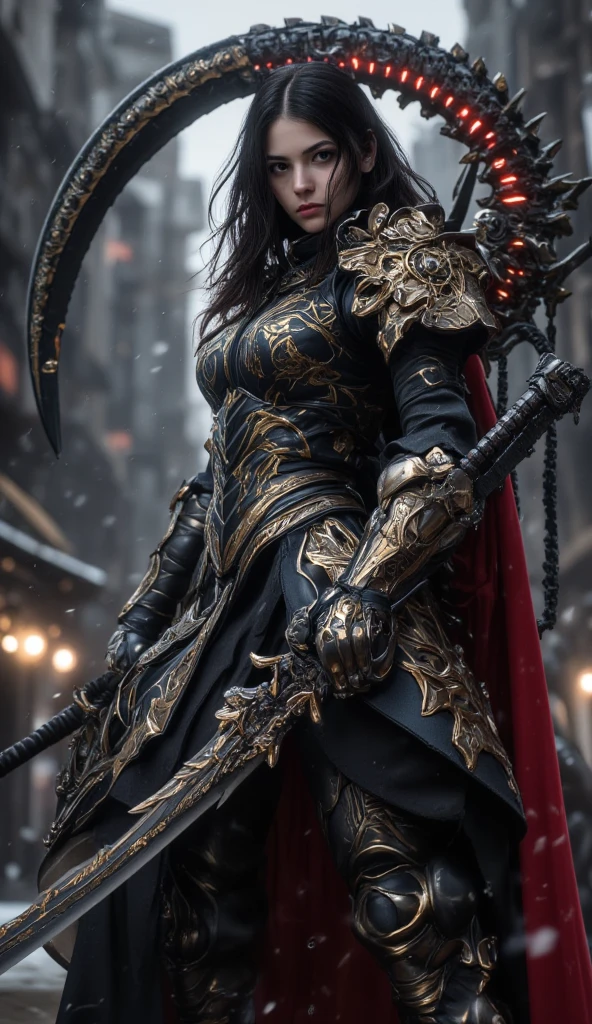 Dark-haired female warrior, young adult, with serious expression - SeaArt AI