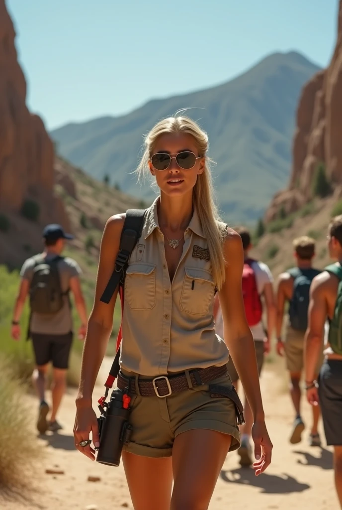 Blonde woman with an exuberant body, WEARING TOURIST GUIDE CLOTHING ...