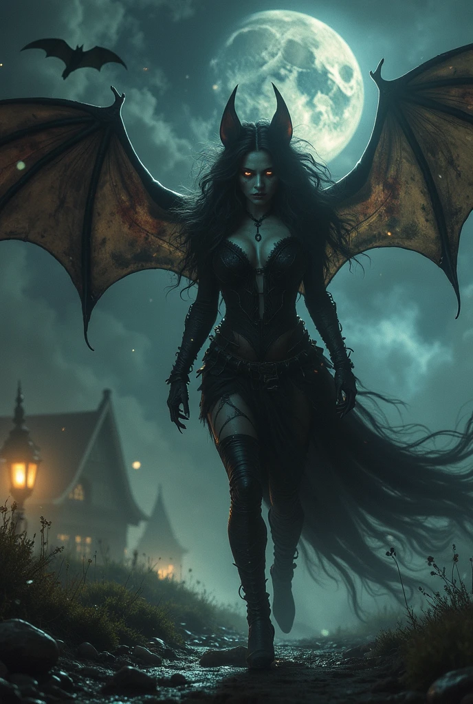A front photo of a hybrid woman, Half-bat, with sharp fangs dripping ...