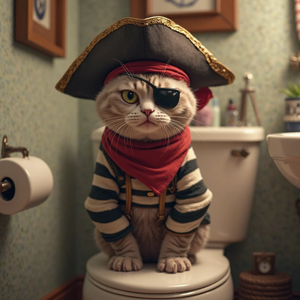 Real striped sphinx cat, dressed as a pirate , sits on the cat toilet ...