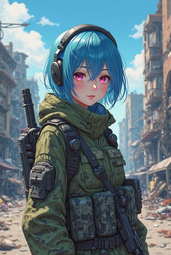 Survivor of a post-apocalyptic zombie world, anime style, cabelo azul ...