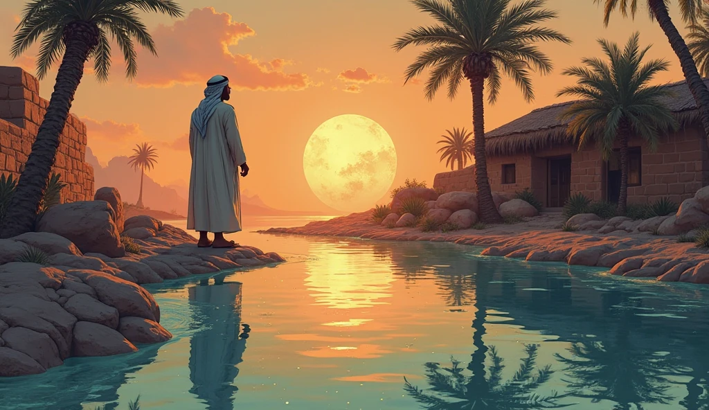 Man looking into calm water, his reflection glows with inner light ...