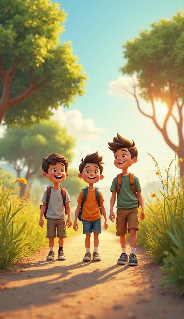 Create 3D Cartoon Style Image scene 1. Three boys Friends on a Rural ...