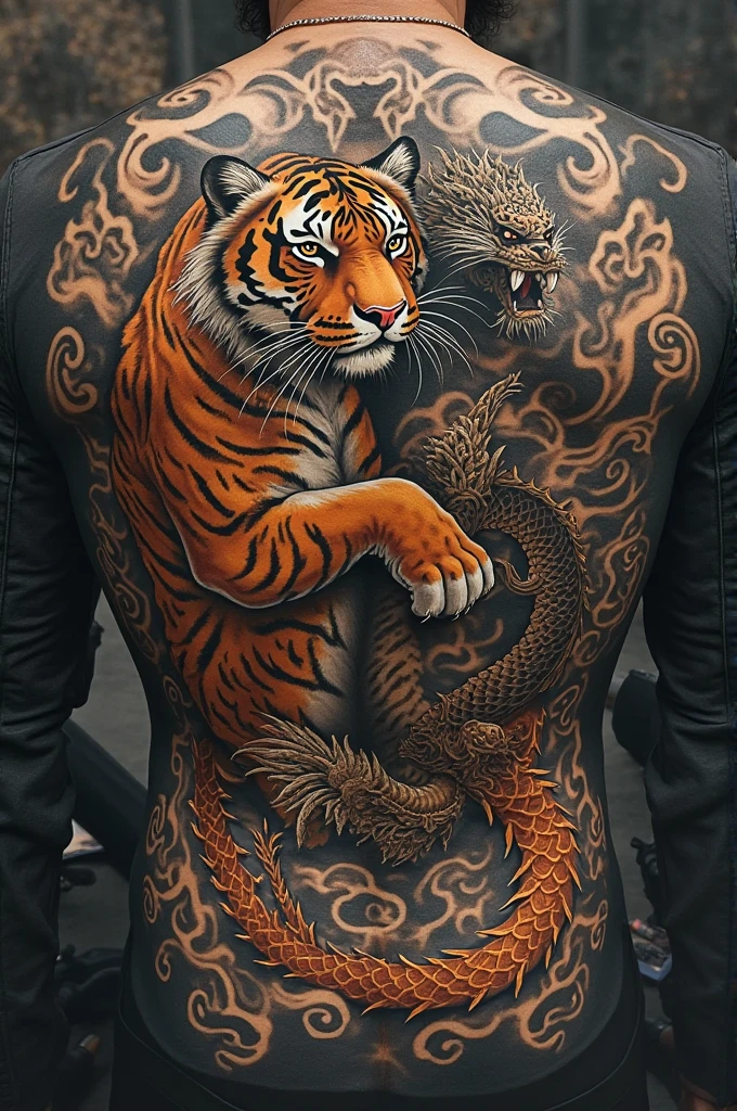 “A very realistic full back tattoo featuring a fierce tiger and a ...