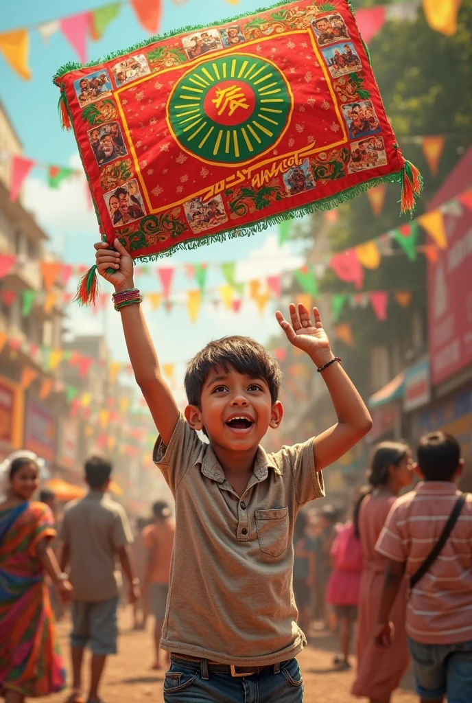 A boy holds a "Joy Bangla" festoon in his hand. - SeaArt AI