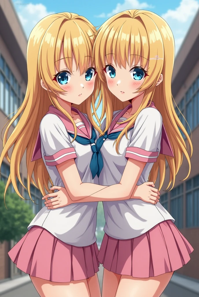 Two Blonde Twins Light Blue Eyes Big Breasts Tight School Uniform