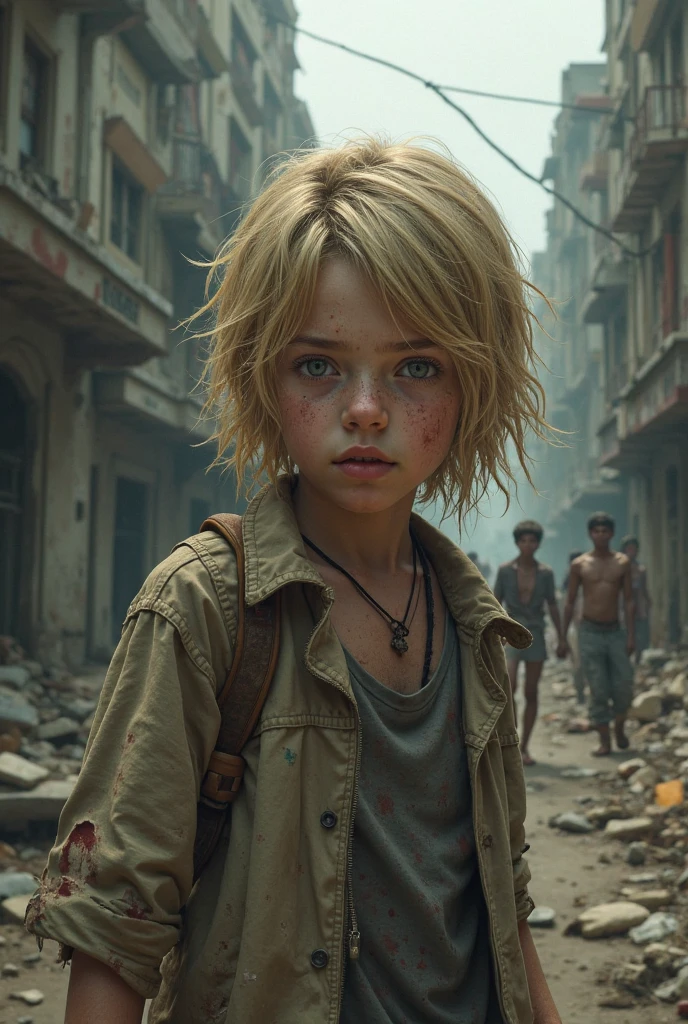 Young, dirty blonde hair, zombie apocalypse, age 15, grey eyes - SeaArt AI