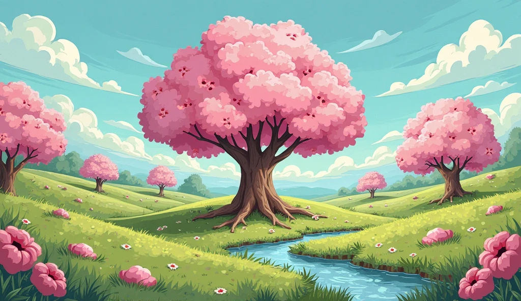 cartoon about a tree with pink flowers in a field with a stream - SeaArt AI