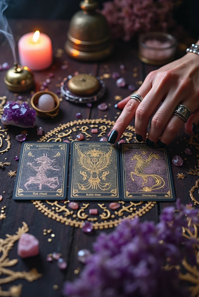 A mystical wooden table with a dark, aged texture. On top, three ...