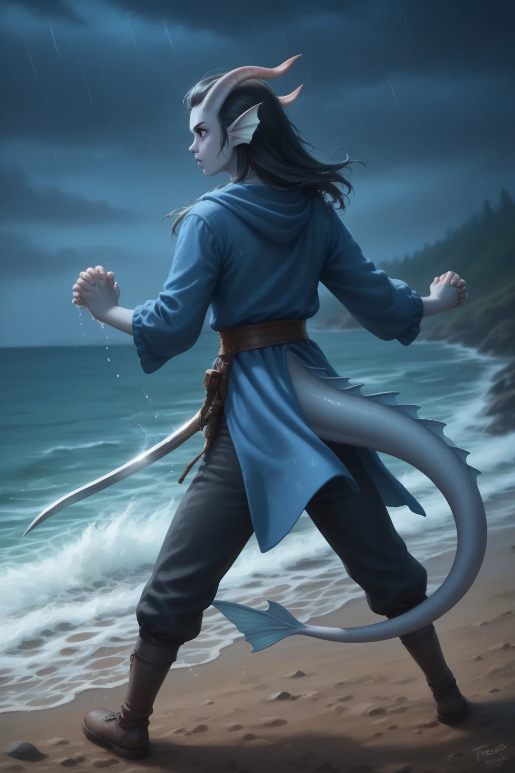 (cedar, 1 adult Tiefling girl, dark blue-gray skin :1.4), (35 years old ...