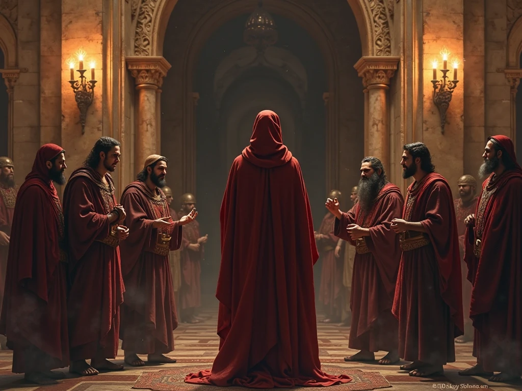 A disciple in red robes at the entrance of the High Priest's Palace ...